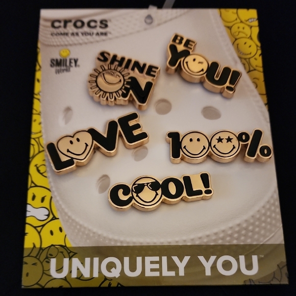 CROCS | Shoes | Crocs Smiley Jibbitz Charm Set Metal Black And Gold ...